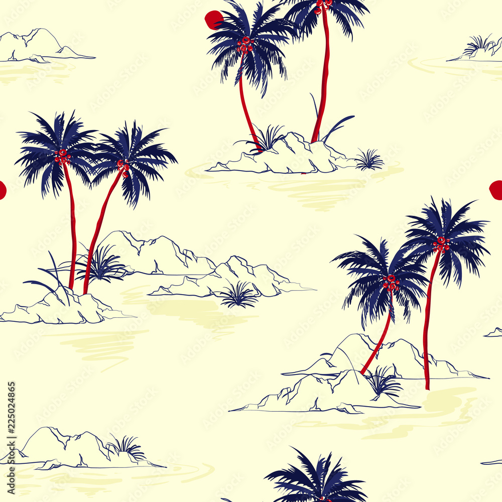Beautiful seamless island pattern background. Landscape with palm trees ...