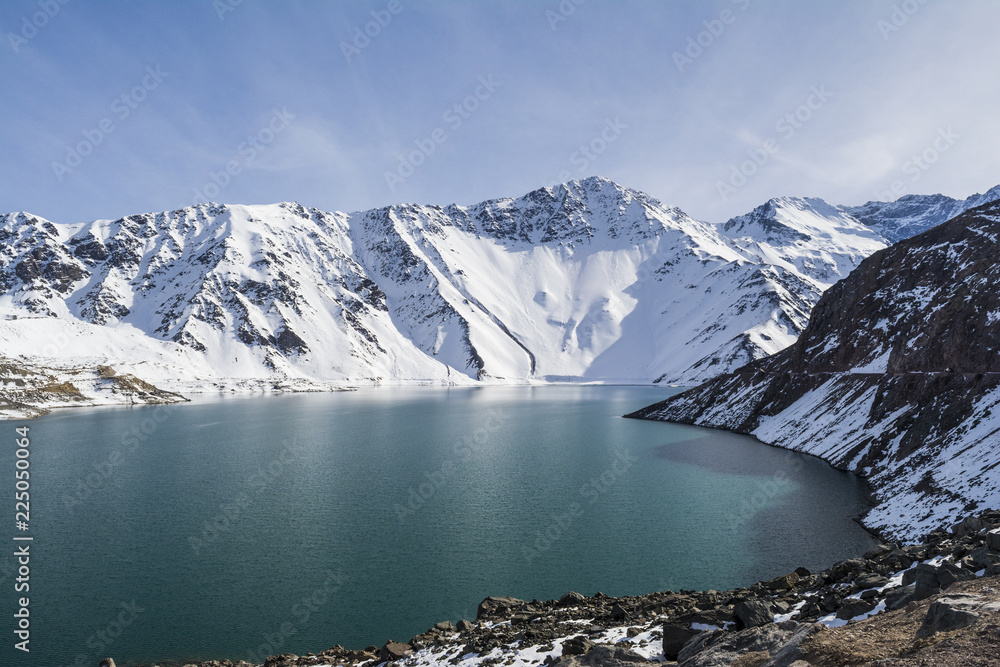 Cajon del Maipo (canyon) in Embalse El Yeso landscape, turquoise water ...