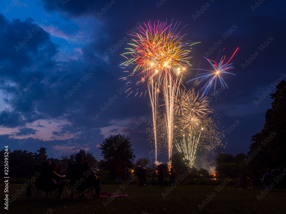 Firework Display, Fourth of July, People Watching from Lawn Stock Photo ...