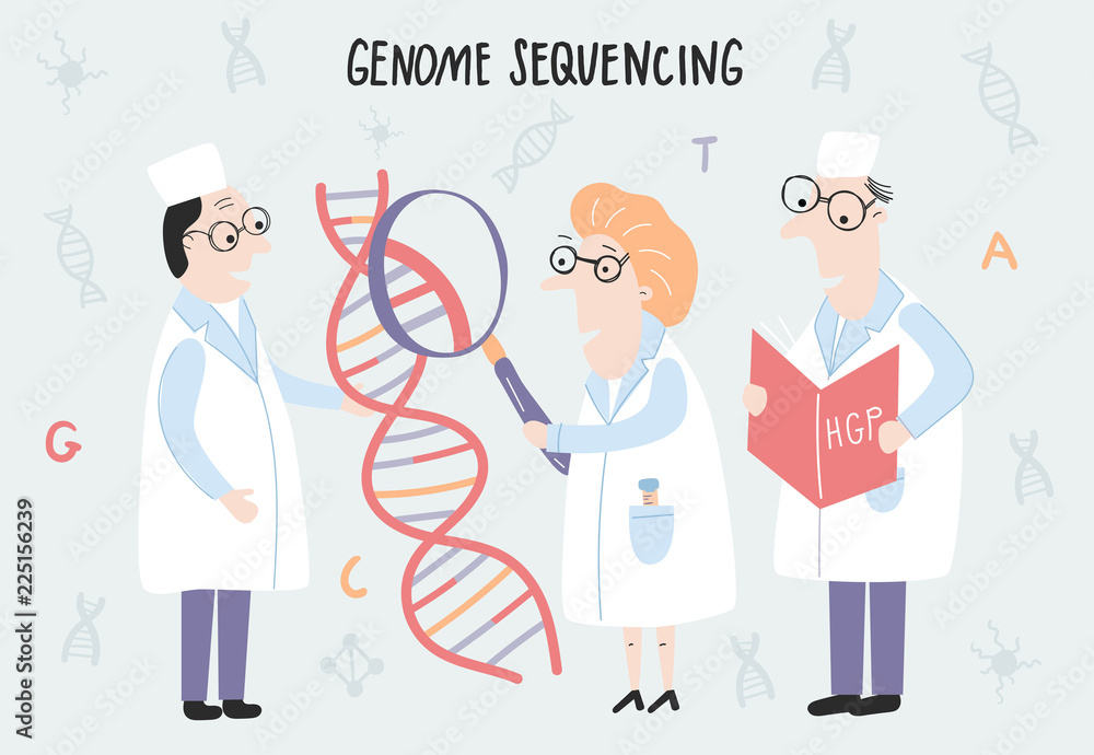 Scientist exploring DNA structure. Hand drawn genome sequencing concept ...