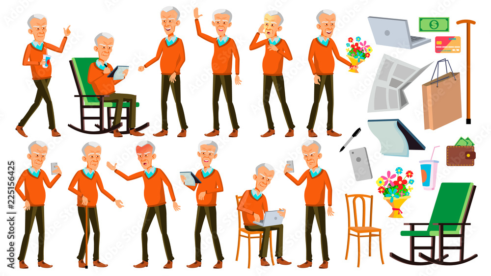 Old Man Poses Set Vector. Asian. Elderly People. Senior Person. Aged ...