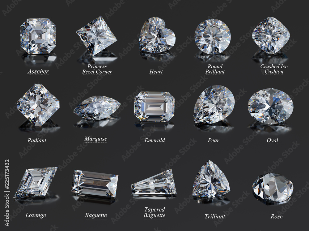 Fifteen diamonds of the mot popular shapes with labels on black glossy ...