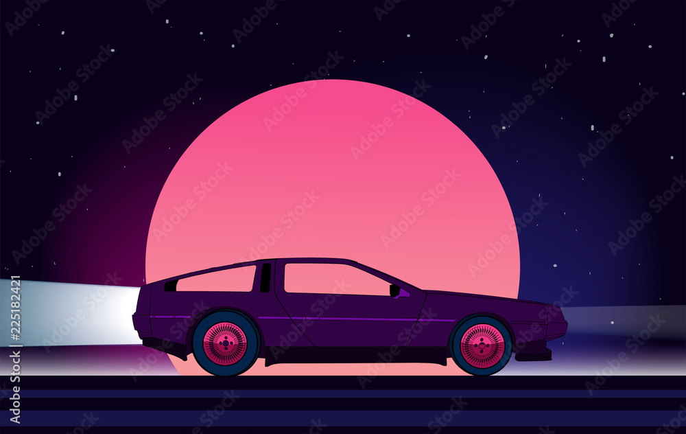 Retro future. 80s style sci-fi background with supercar. Futuristic retro car. Vector retro ...