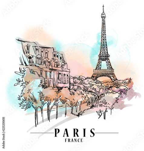 Paris cityscape illustration. Hand drawn artwork. Landmarks drawing ...
