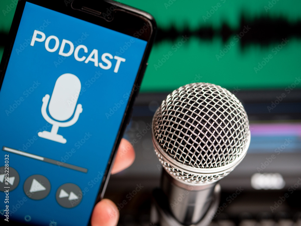 Livestream concept. Microphone and phone with podcast app with editing ...
