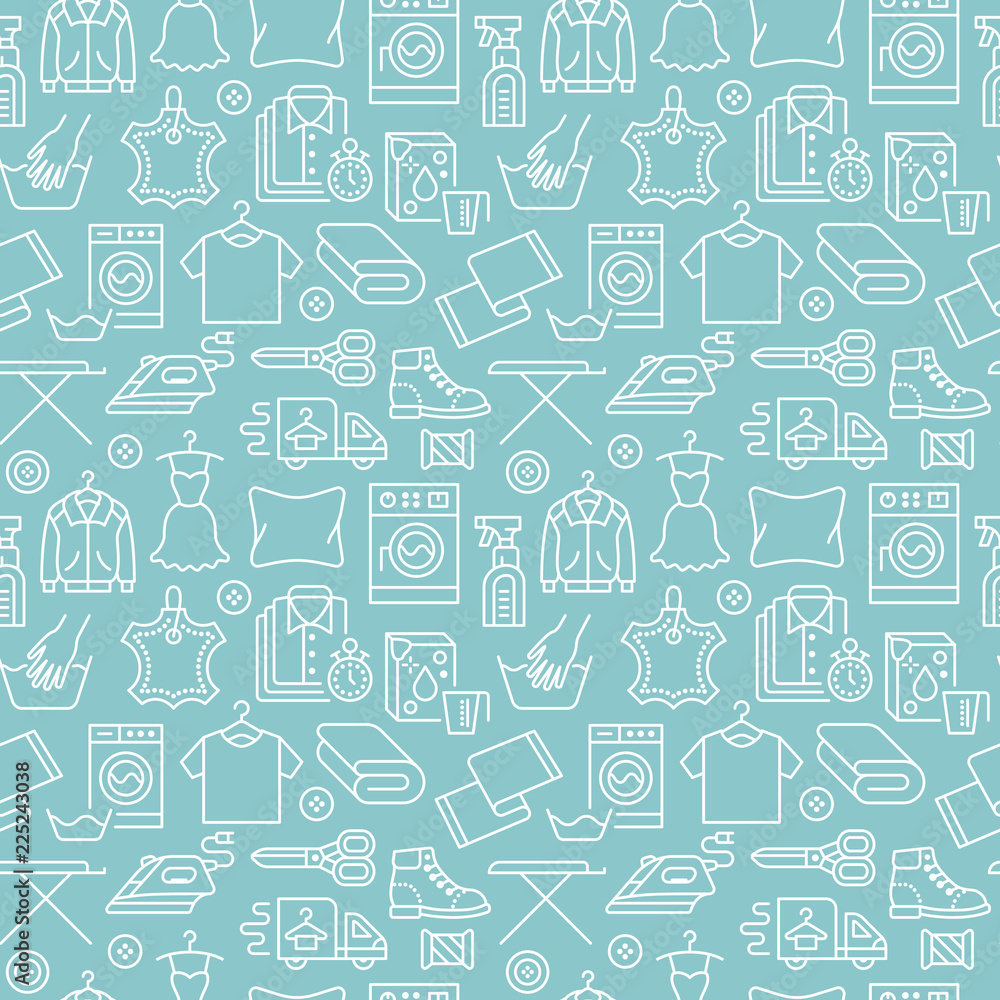 Dry cleaning, laundry blue seamless pattern with line icons. Laundromat ...