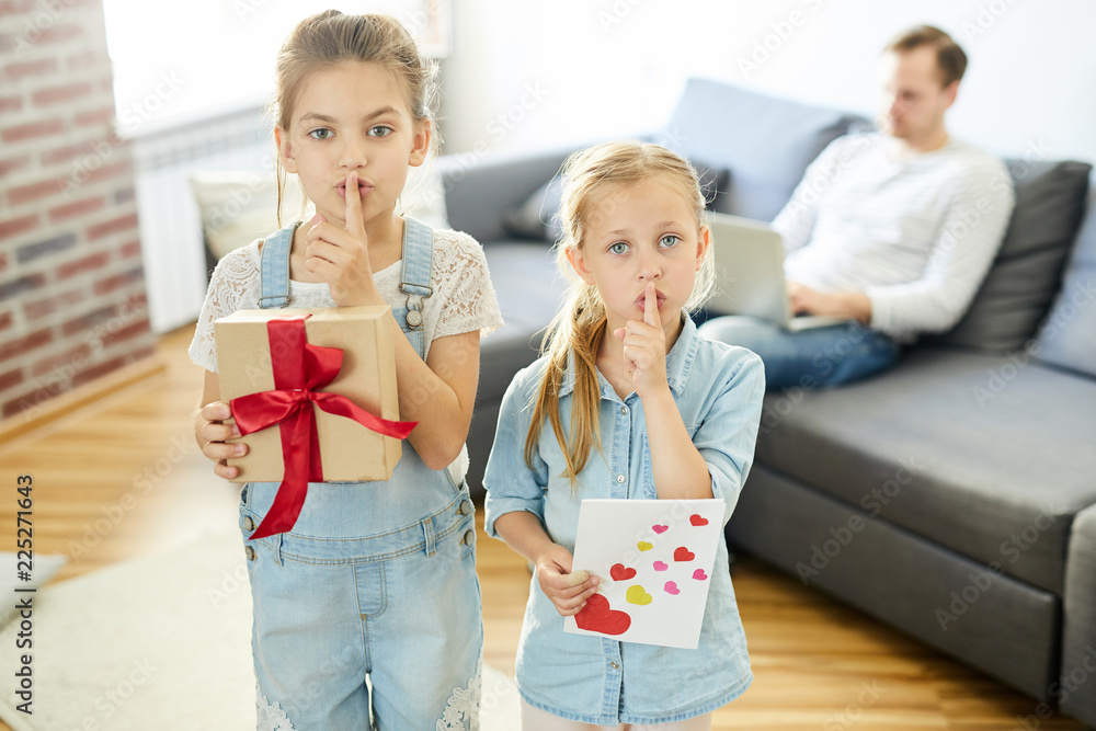 Two little girls prepared surprises for their dad and making shh ...