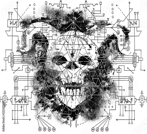 Evil demon silhouette with digital geometric scheme lines on white ...