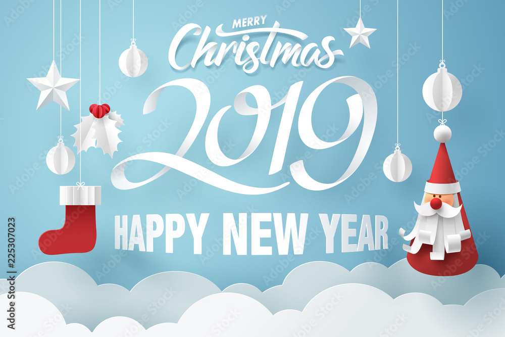 เวกเตอร์ Stock Paper art of Santa claus hanging in the sky with merry ...