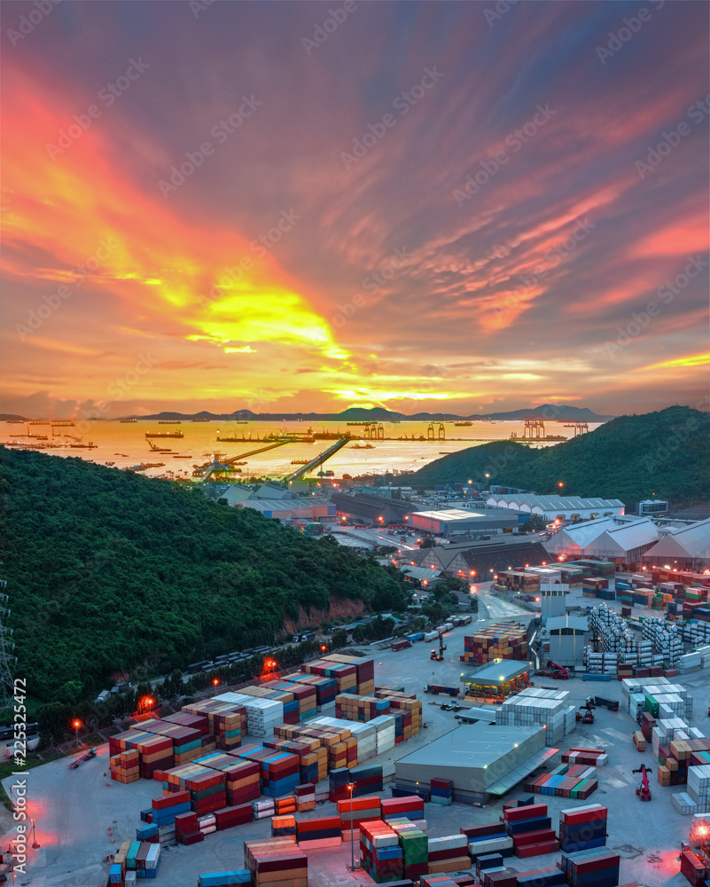 in between the hills, container storage yard conneting to sea port ...