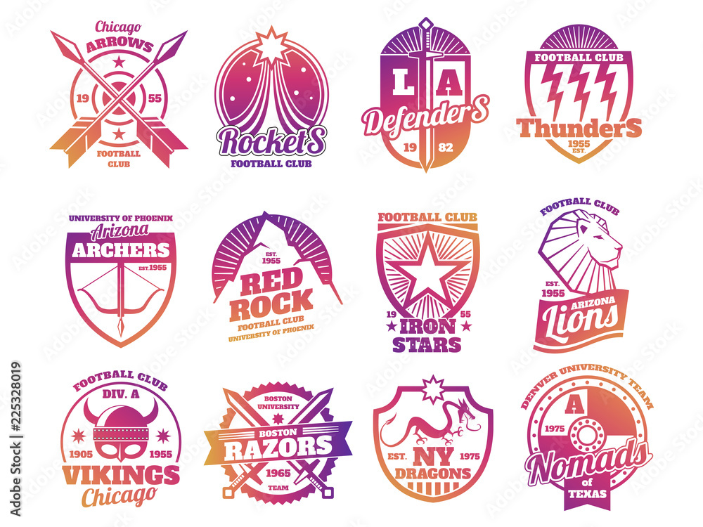 Bright color school emblems, college athletic teams sports labels ...