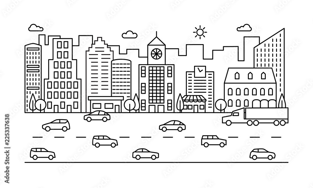 Line city street. Outline urban scene with buildings, road and cars ...