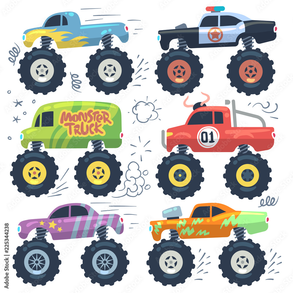 Monster cars. Cartoon cars with big wheels. Isolated vector set ...