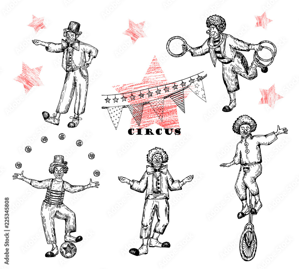 Retro circus performance . Sketch stile vector illustration. Hand drawn ...