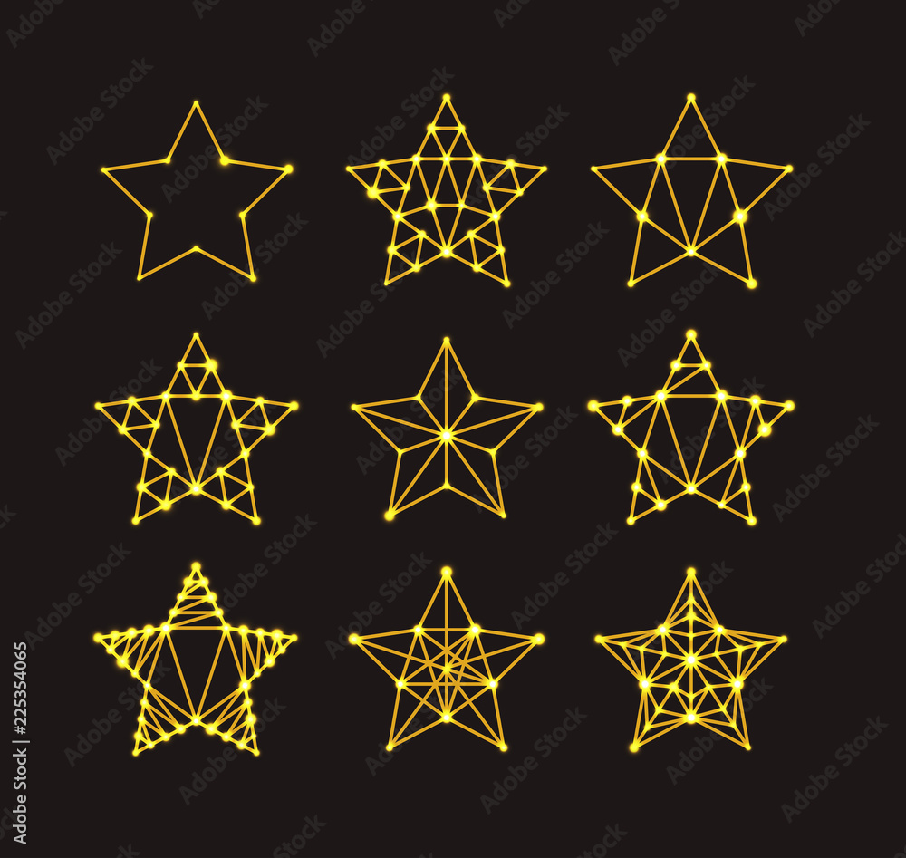 Golden geometric stars in the art deco style, varying degrees of detail ...