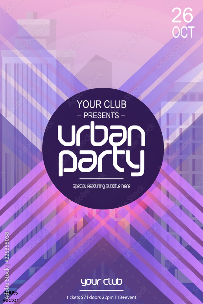 Urban party vector poster template with city background and geometric ...