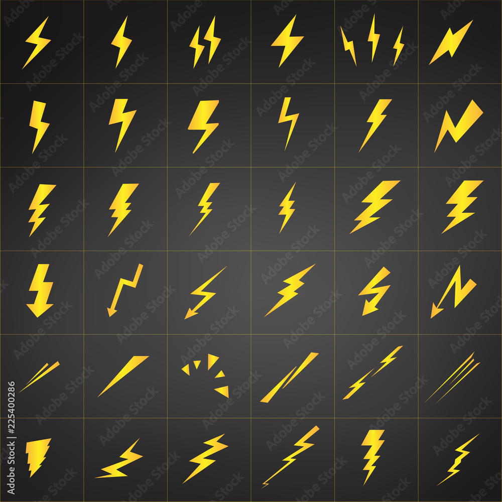 Yellow Lightning vector set isolated on black background. Simple icon ...