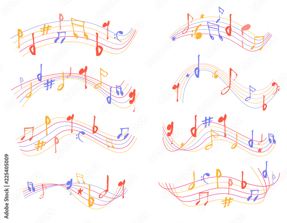 Music notes sign shape set in grunge set. Hand drawn colorful melody ...