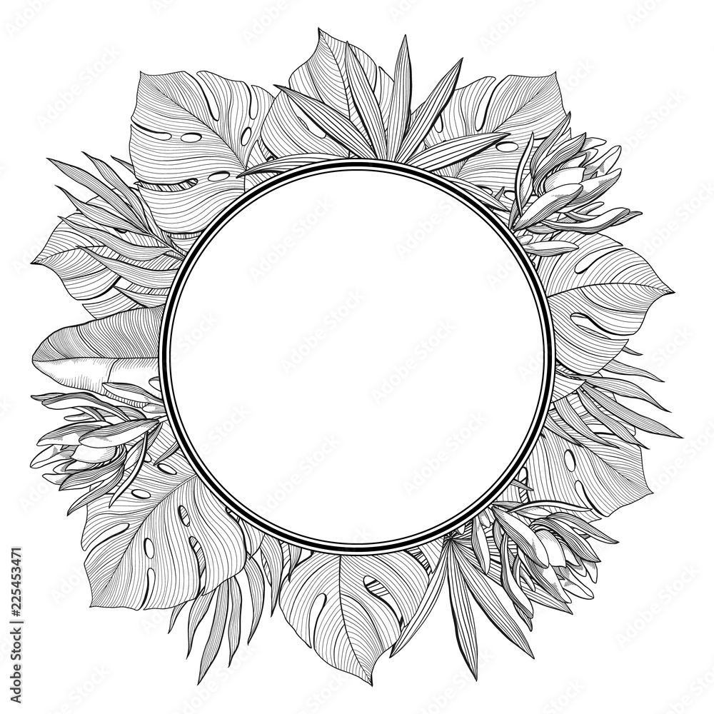 Round frame, banner template made of tropical, jungle palm leaves, hand ...