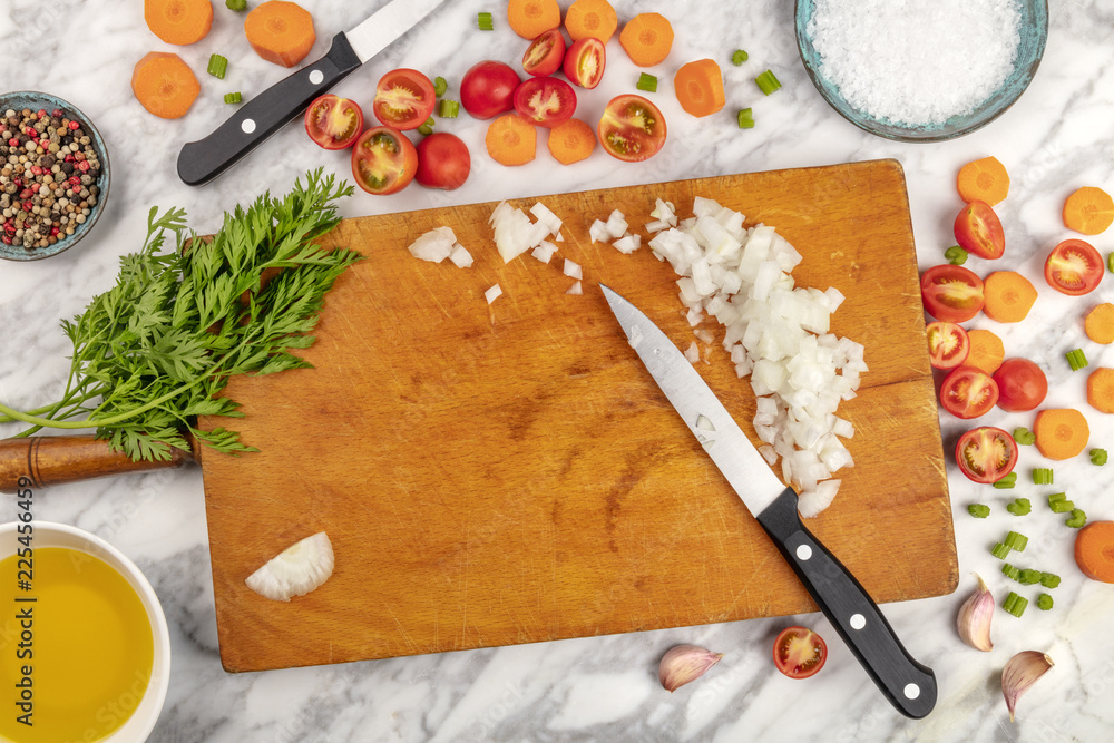 Prep time, or mise en place. An overhead photo of professional chef's ...