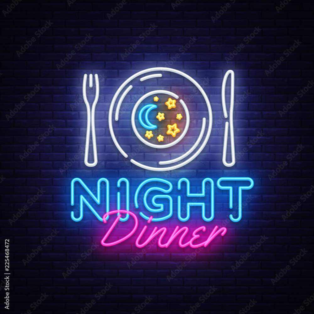 Night Dinner neon sign vector. Restaurant logo Design template neon ...
