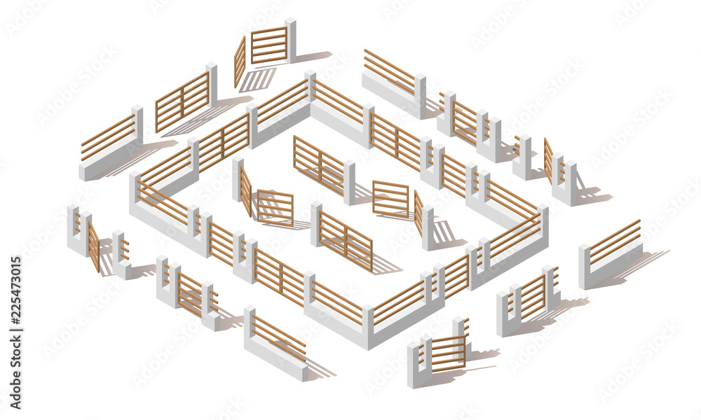 Isometric wood light fence with shadows isolated. Iron gate open and ...