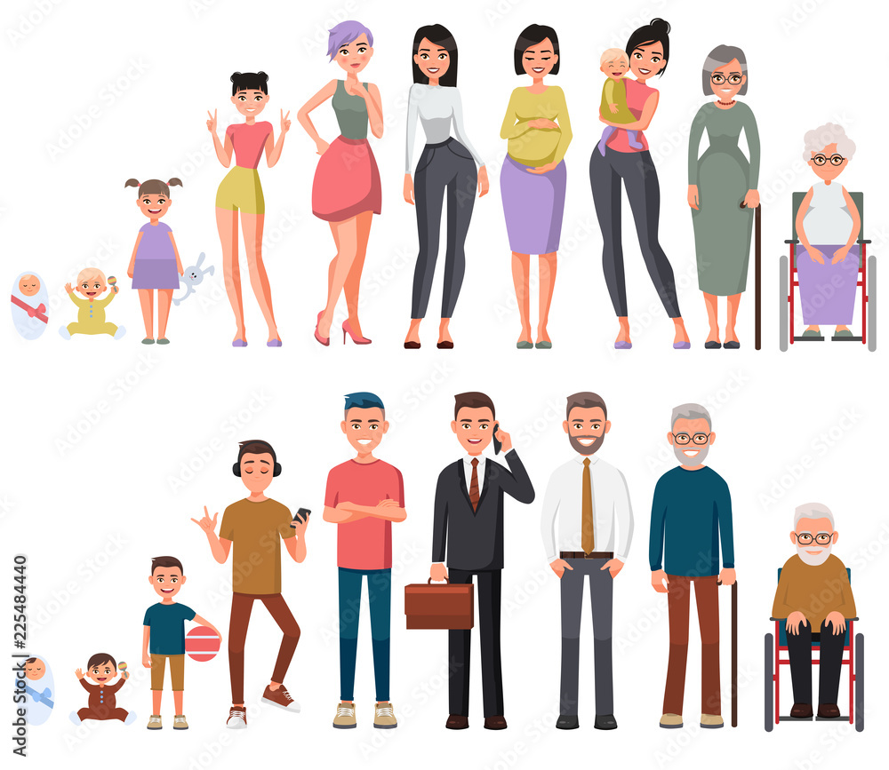 Character of a woman and man in different ages.A baby, a child, a ...
