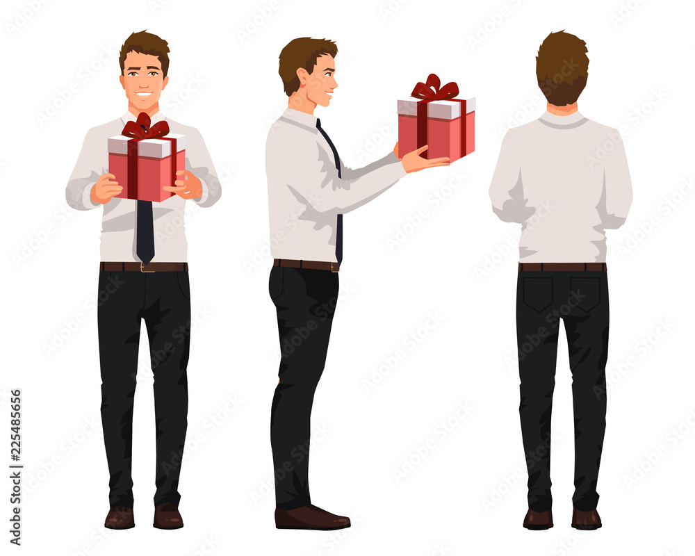 Vector illustration of three business men with present in hands, in ...
