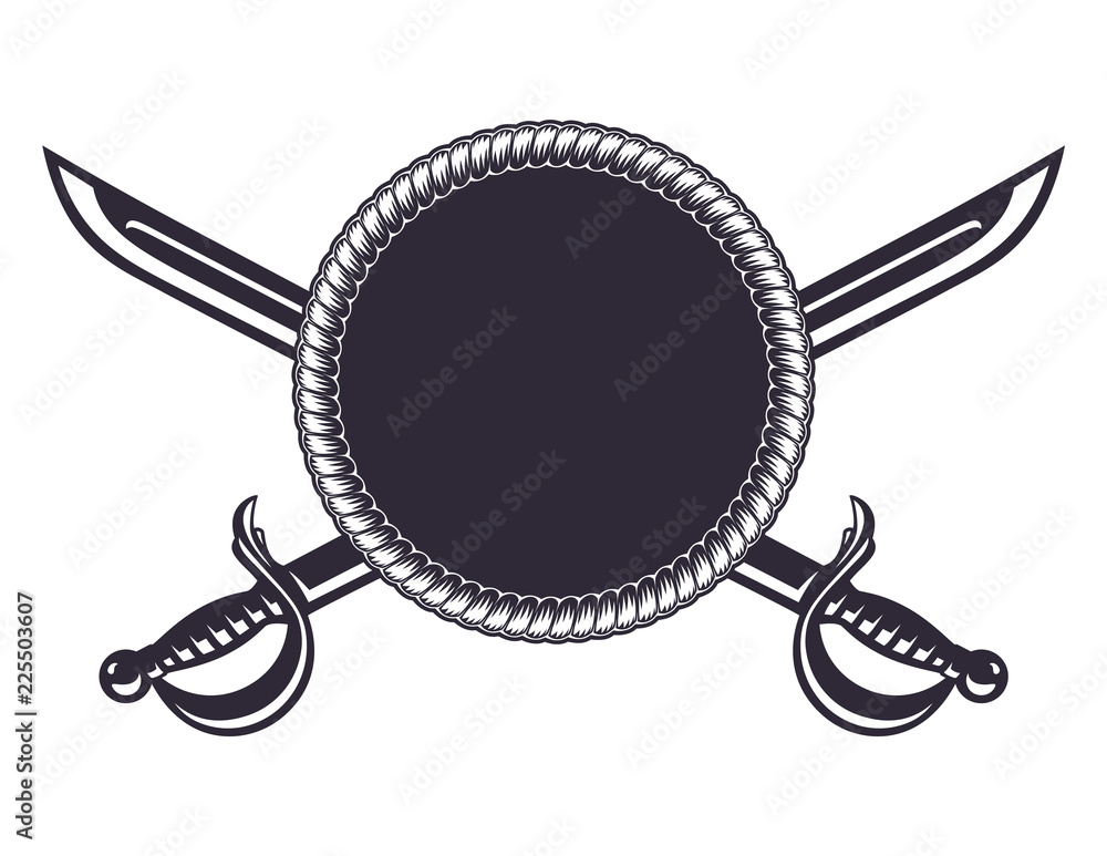Monochrome vintage icon, crossed pirated swords and sea rope. Simple ...