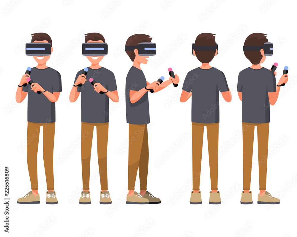 Vector illustration of men in Virtual Reality headset with move ...
