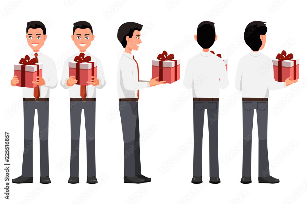 Vector illustration of business men with present in hands, in official ...