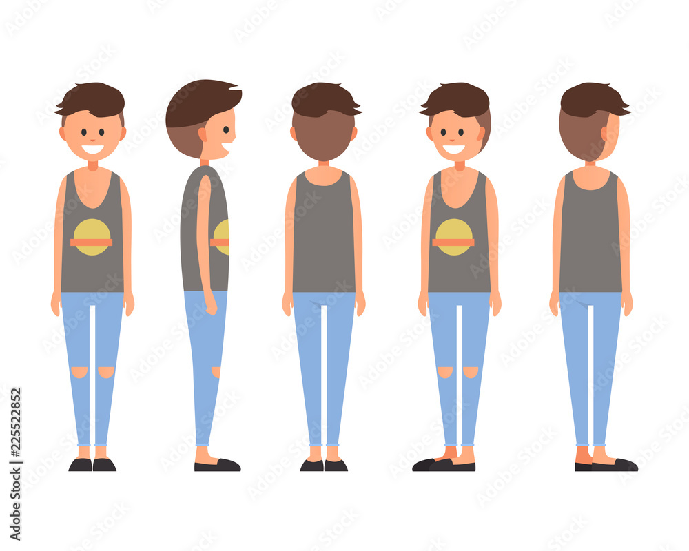 Front, side, back view animated character. Designer character creation ...