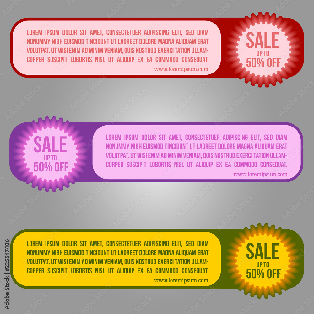Horizontal sale banner in three different color palettes with a round ...