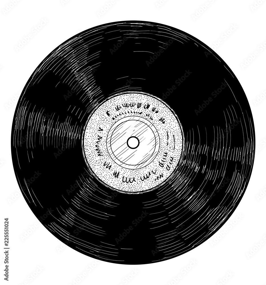 Vinyl record illustration, drawing, engraving, ink, line art, vector ...
