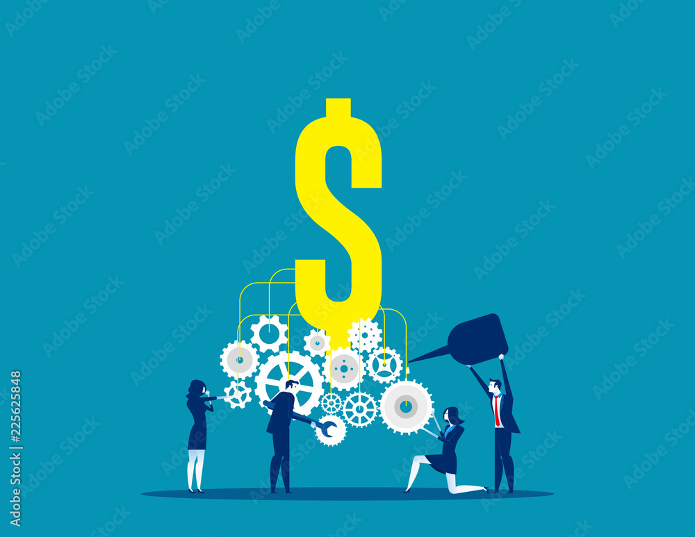 Business team building a money machine. Concept business vector ...