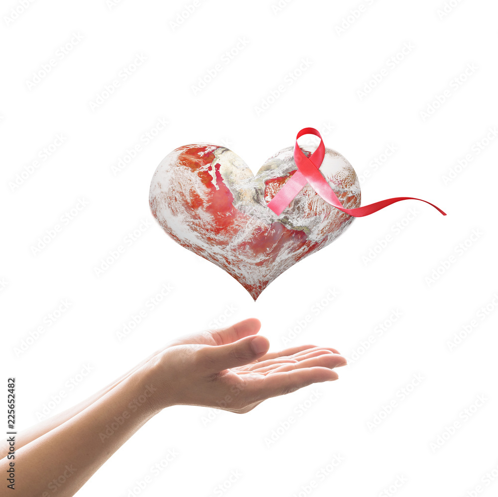 World aids day with red ribbon awareness on heart globe and woman hands ...