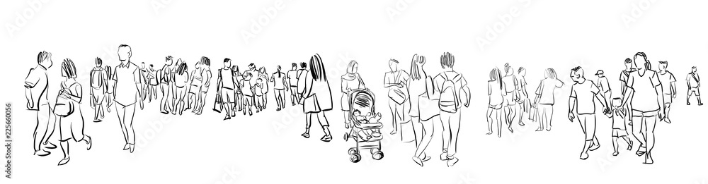 crowd group of people walking freehand ink sketch panorama view ...