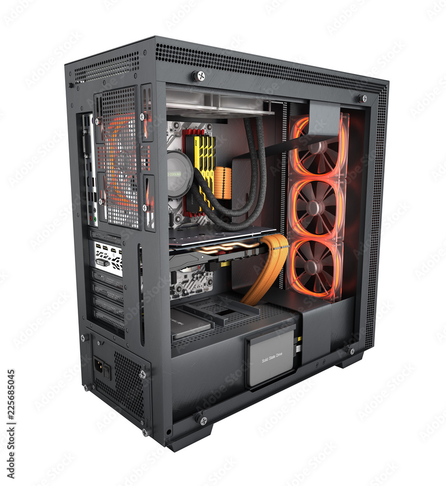 Open computer with red lighting effects and water cooled cooling system ...