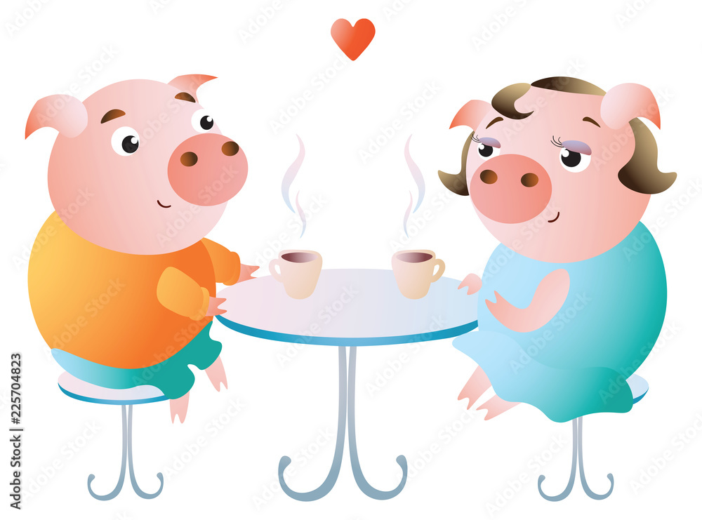 Date in a cafe. A couple of pigs drinking coffee and tea at the table ...