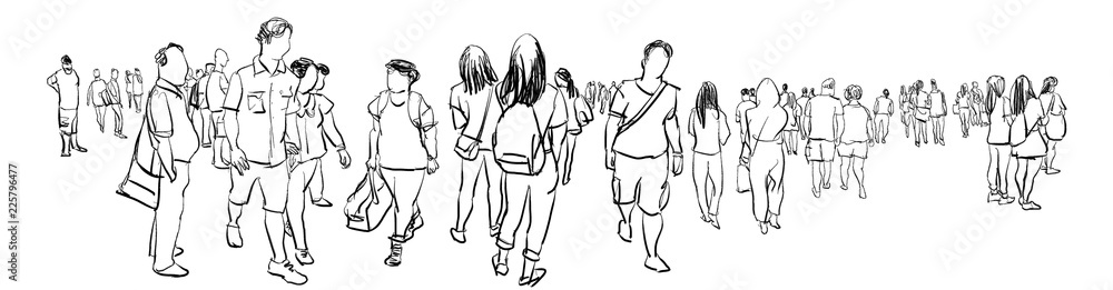 crowd of people walking ink sketch isolated on white background urban ...