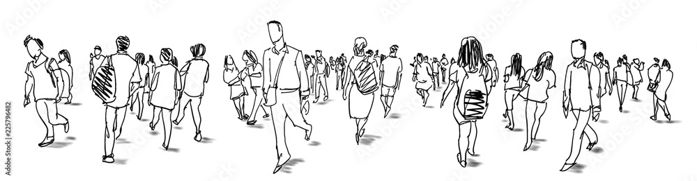 crowd of people walking ink sketch isolated on white background urban ...