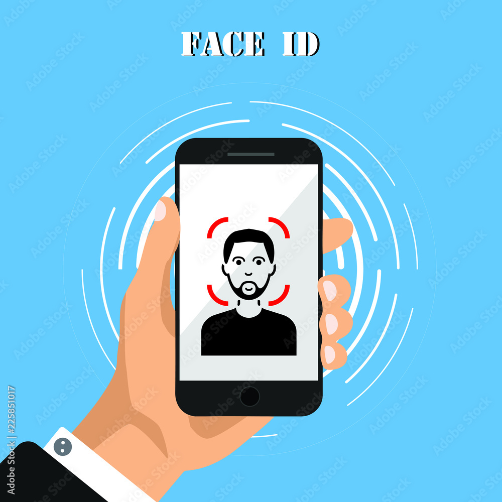 Hand holds phone with face id icons on scren. Face scanning process icons. Facial recognition ...