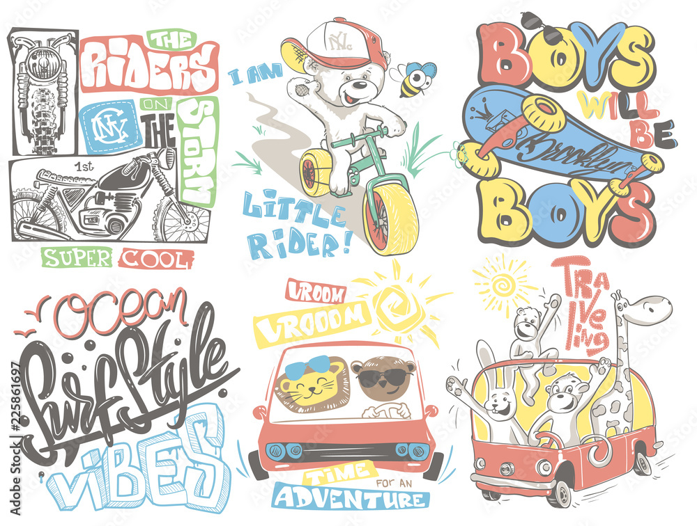 Kids T-Shirt Designs Set vector cartoon illustration. Stock Vector ...