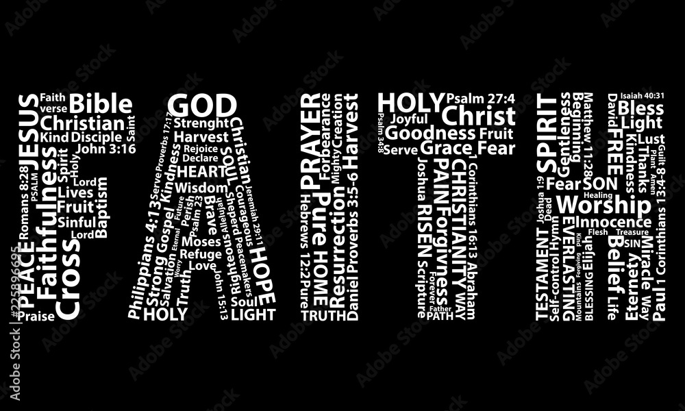 Word faith in white written with christian words on black background ...