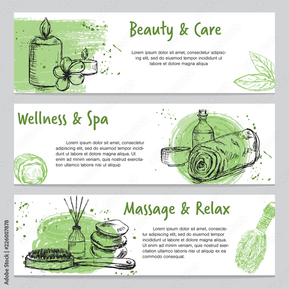 Banners on spa related theme with hand drawn massage and body care ...