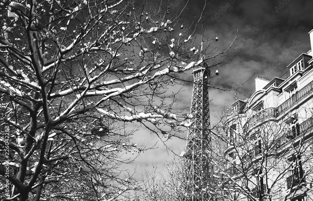 Paris under snow. Eiffel tower. Snowy park. Black and white photo ...