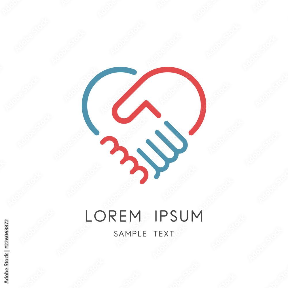 Partnership business outline logo - two hands make a deal and heart ...