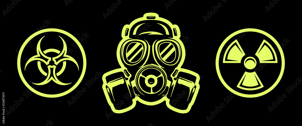 Gas mask and hazard sings. Respirator. Radiation sign. Biohazard sign ...