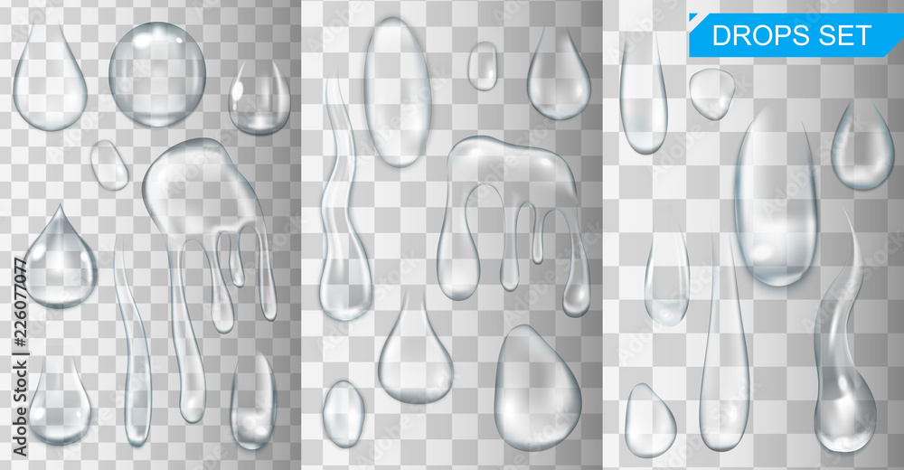 Realistic shining water drops and drips on transparent background ...