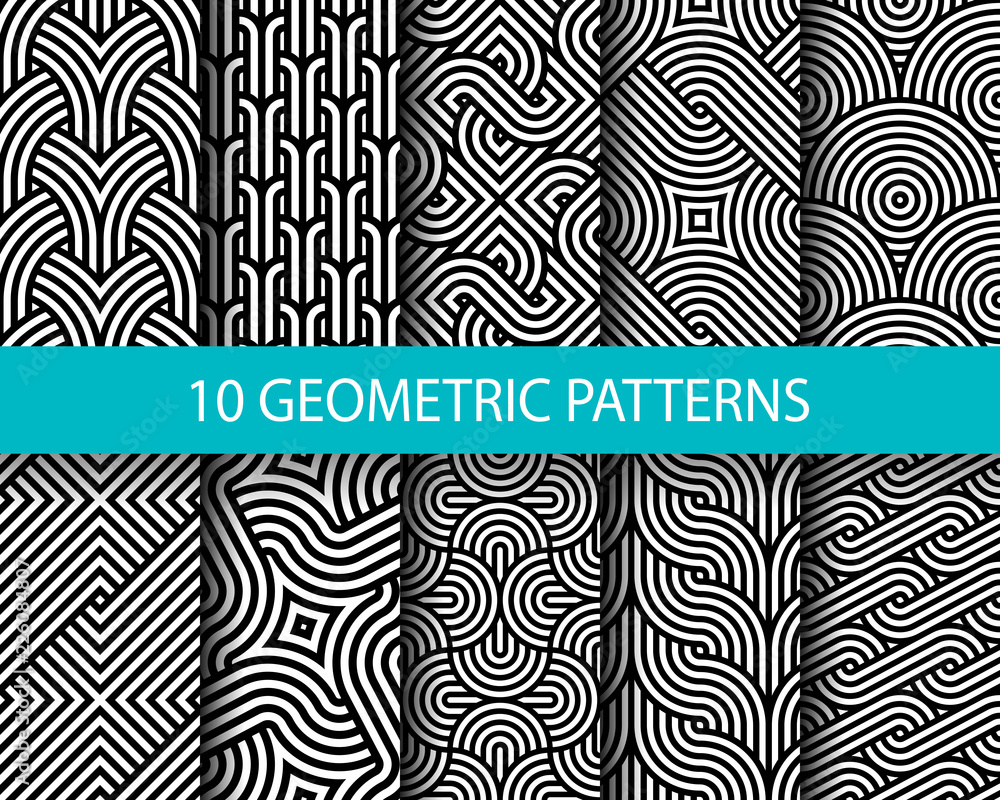Vector set of ten geometric linear patterns. Collection of seamless ...